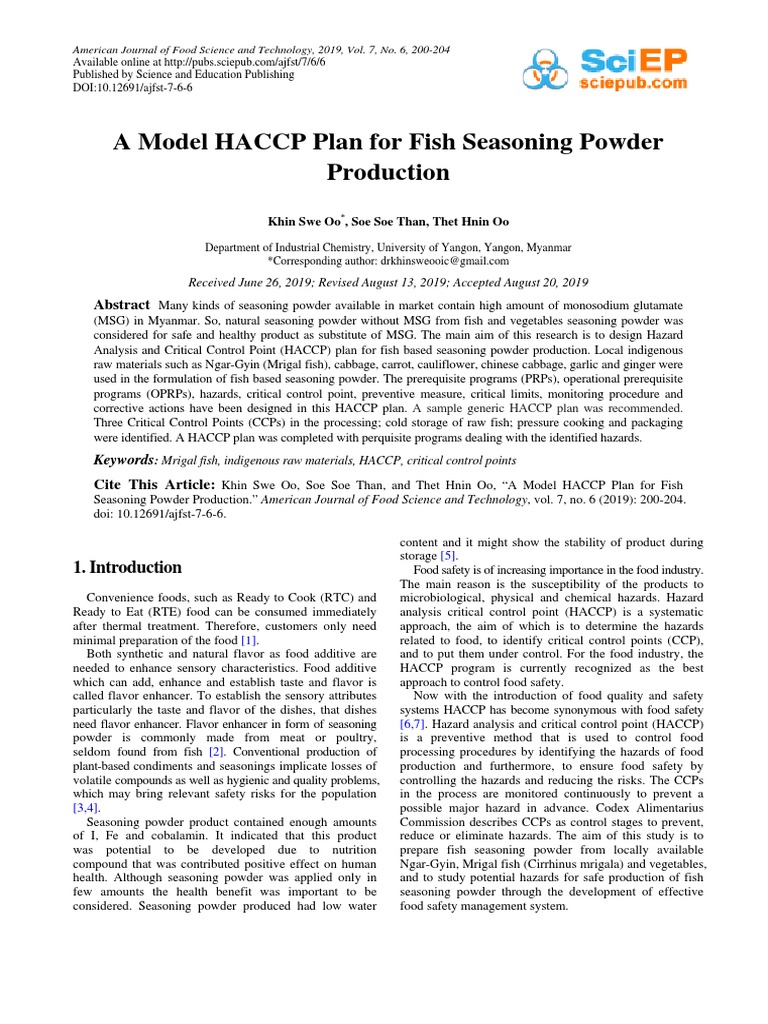 Haccp Matrix Fish Seasoning | PDF | Hazard Analysis And Critical ...
