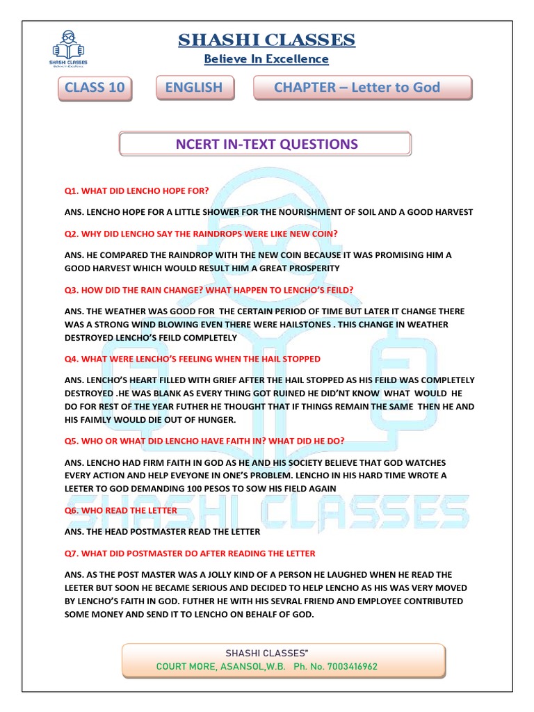 Shashi Classes: Class 10 English Chapter - Letter To God | PDF | Hail