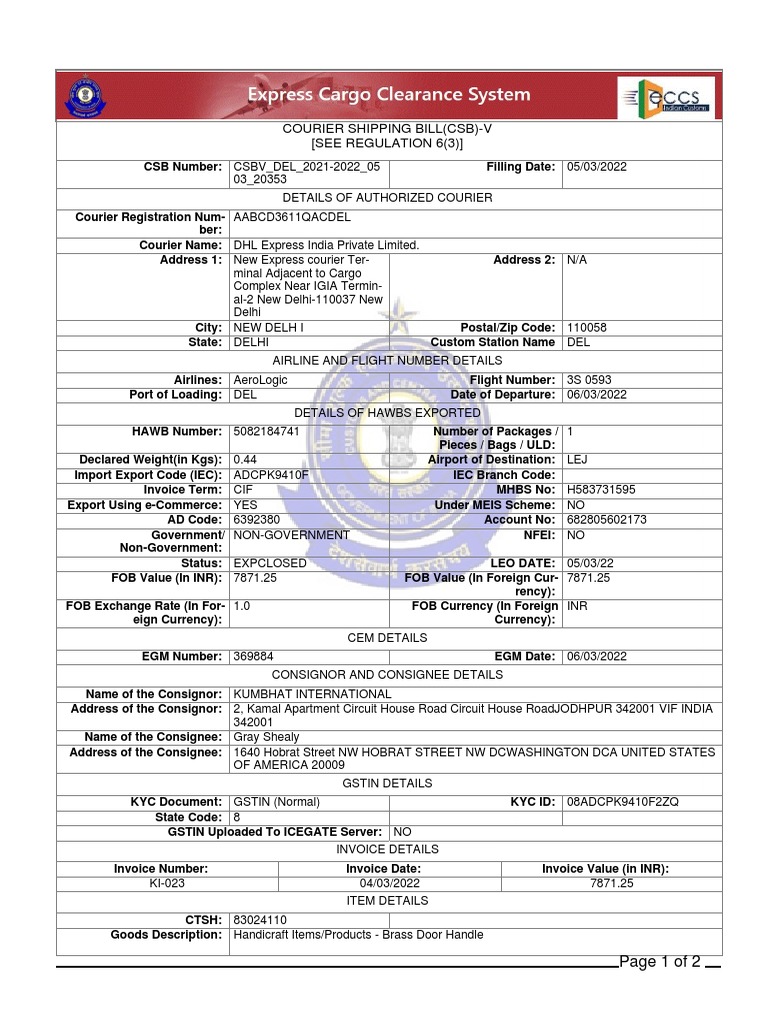 Courier Shipping Bill (CSB) - V (See Regulation 6 (3) ) : Page 1 of 2 ...