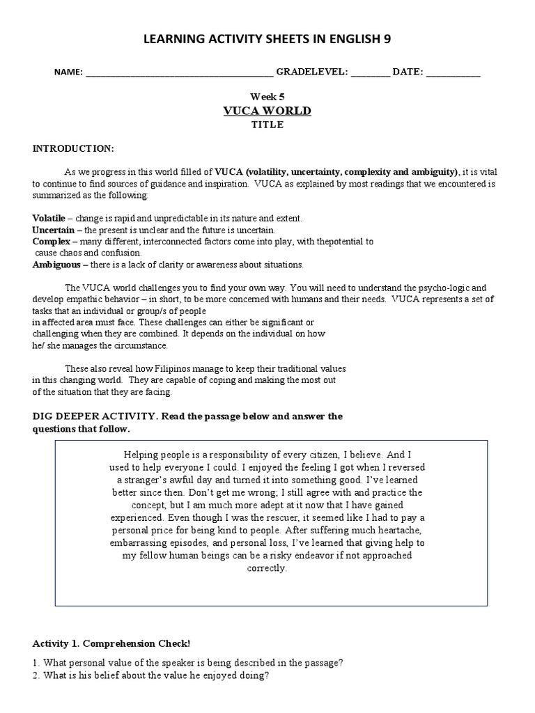 Learning Activity Sheets in English 9: Vuca World | PDF | Empathy ...