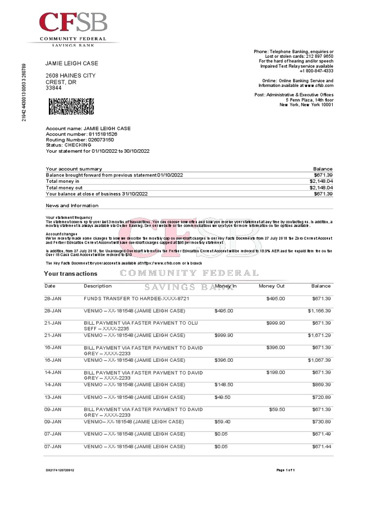 Jamie Leigh Case Account Statement | PDF | Transaction Account | Overdraft