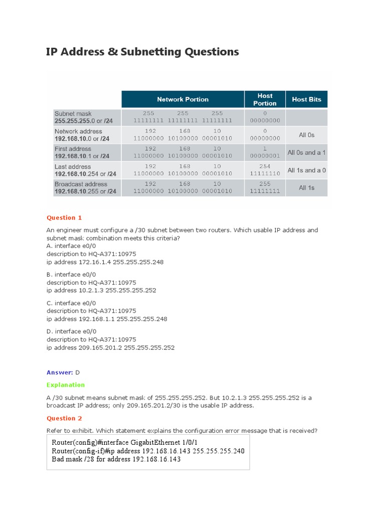 IP Address & Subnetting Questions | PDF | Ip Address | Routing