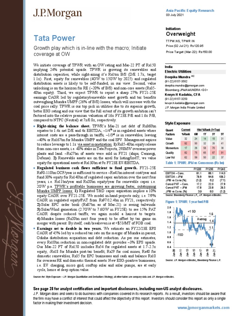 Tata Power - JP Morgan | PDF | Equity (Finance) | Valuation (Finance)