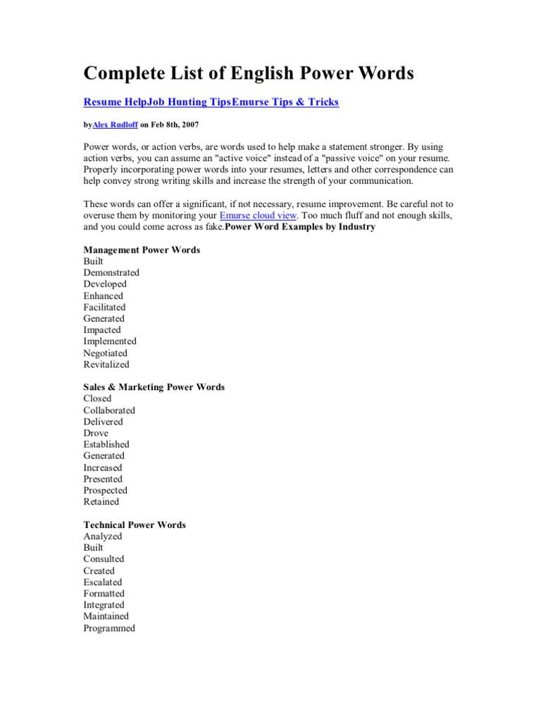 Complete List of English Power Words | PDF