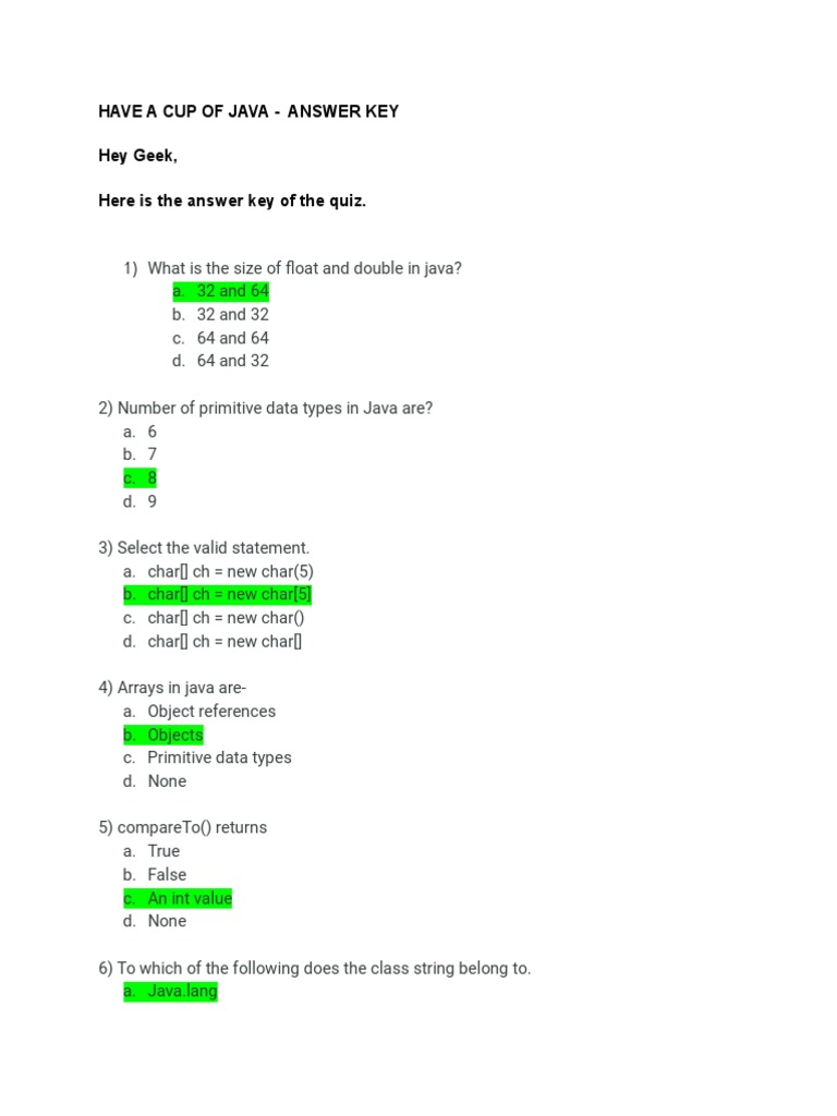 Have A Cup of Java - Answer Key Hey Geek, Here Is The Answer Key of The ...