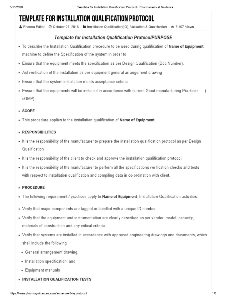 Template For Installation Qualification Protocol - Pharmaceutical ...