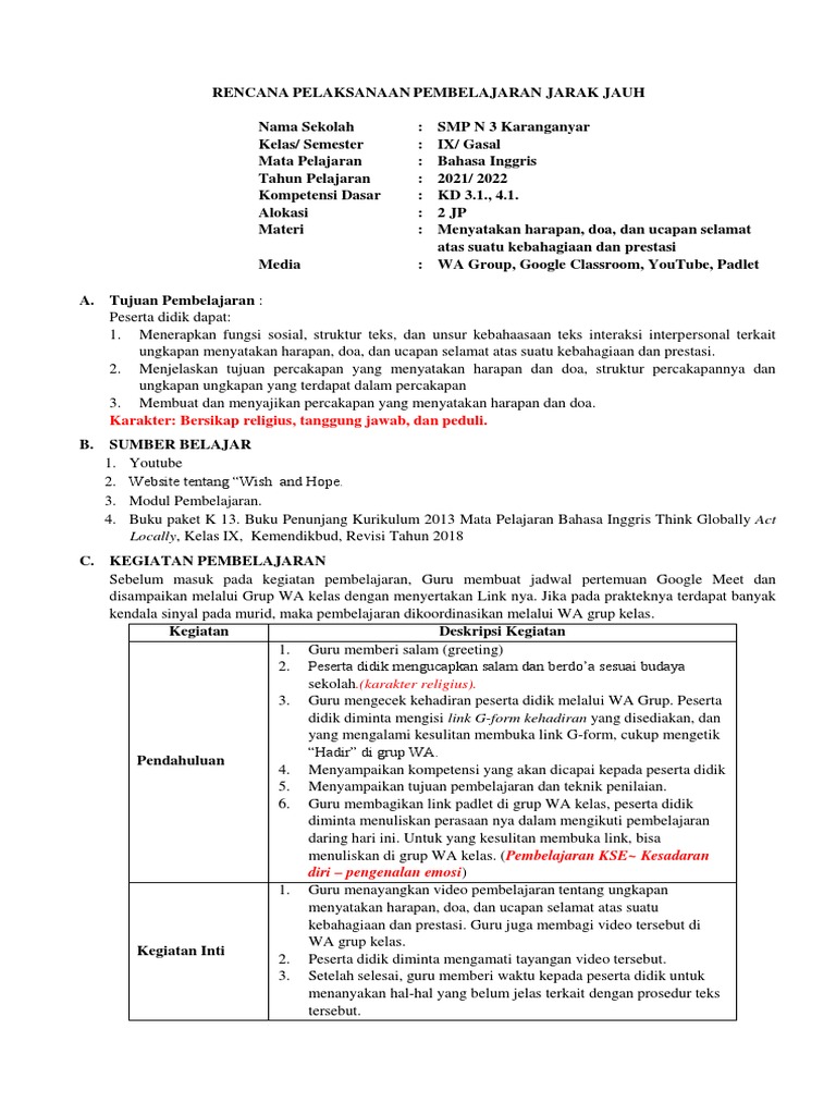 RPP KSE - Berdiferensiasi - Bhs Inggris SMP Kelas 9 Semester 1 (Wish ...