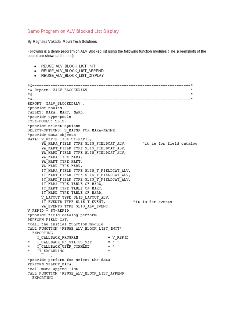 Demo Program On Alv Blocked List Display Pdf Computing Computer Programming 
