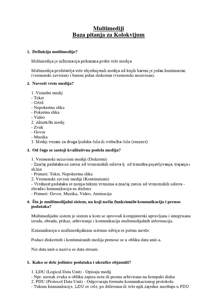 Multimediji Baza Pitanja Za Kolokvijum | PDF