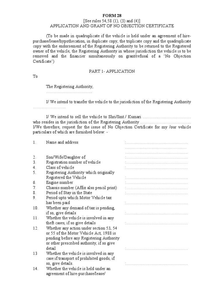 RTO Form 28: No Objection Certificate | PDF | Vehicles | Public Law