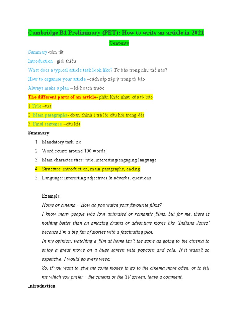 How To Write Articles For Cambridge B1 Preliminary | PDF | Linguistics ...