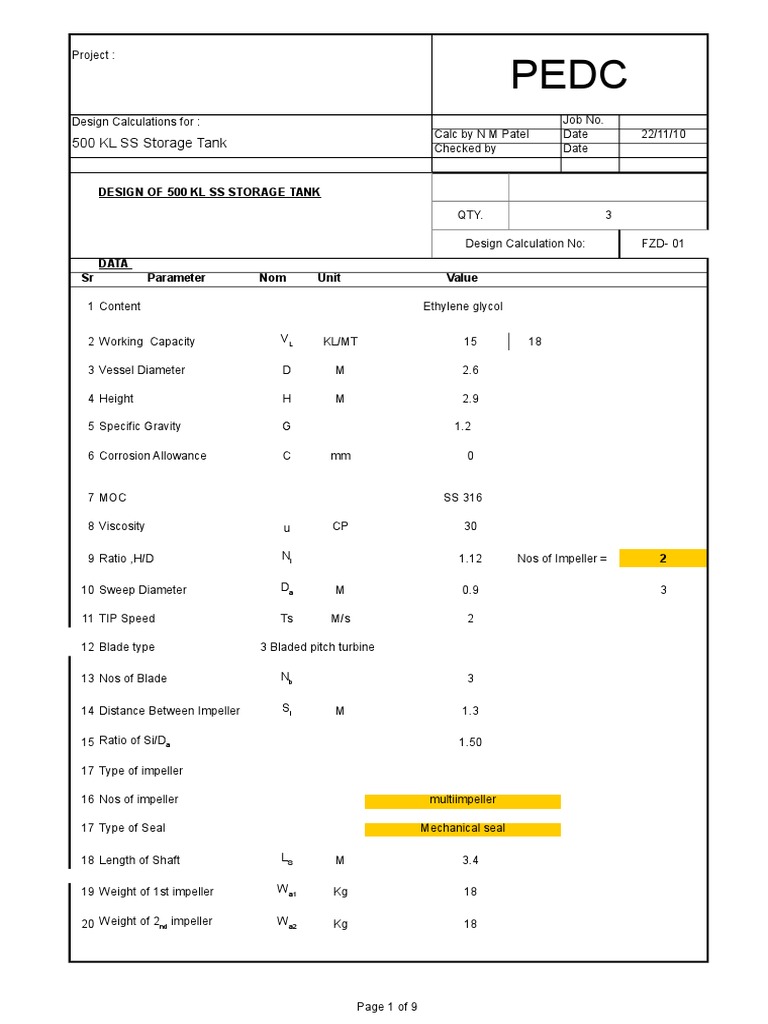 Agitator Design Calculations for 500 KL Tank | PDF | Applied And ...