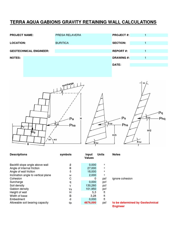 Terra Aqua Gabions Gravity Retaining Wall Calculations: Project Name ...