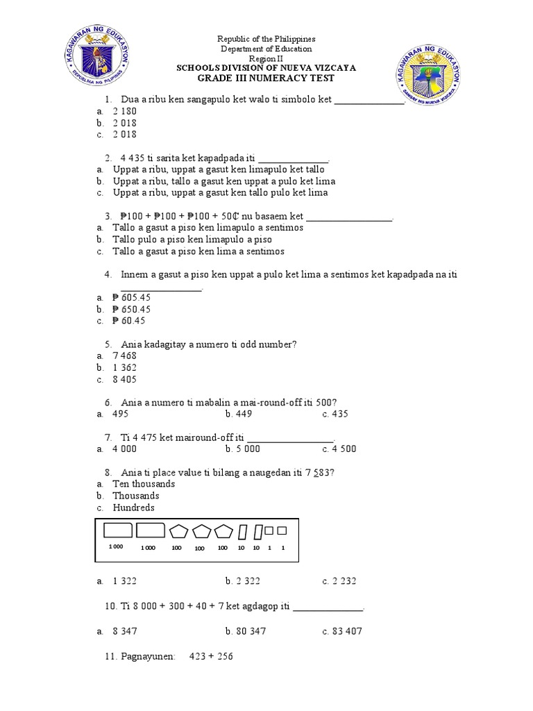 Numeracy Test Grade 3 | PDF