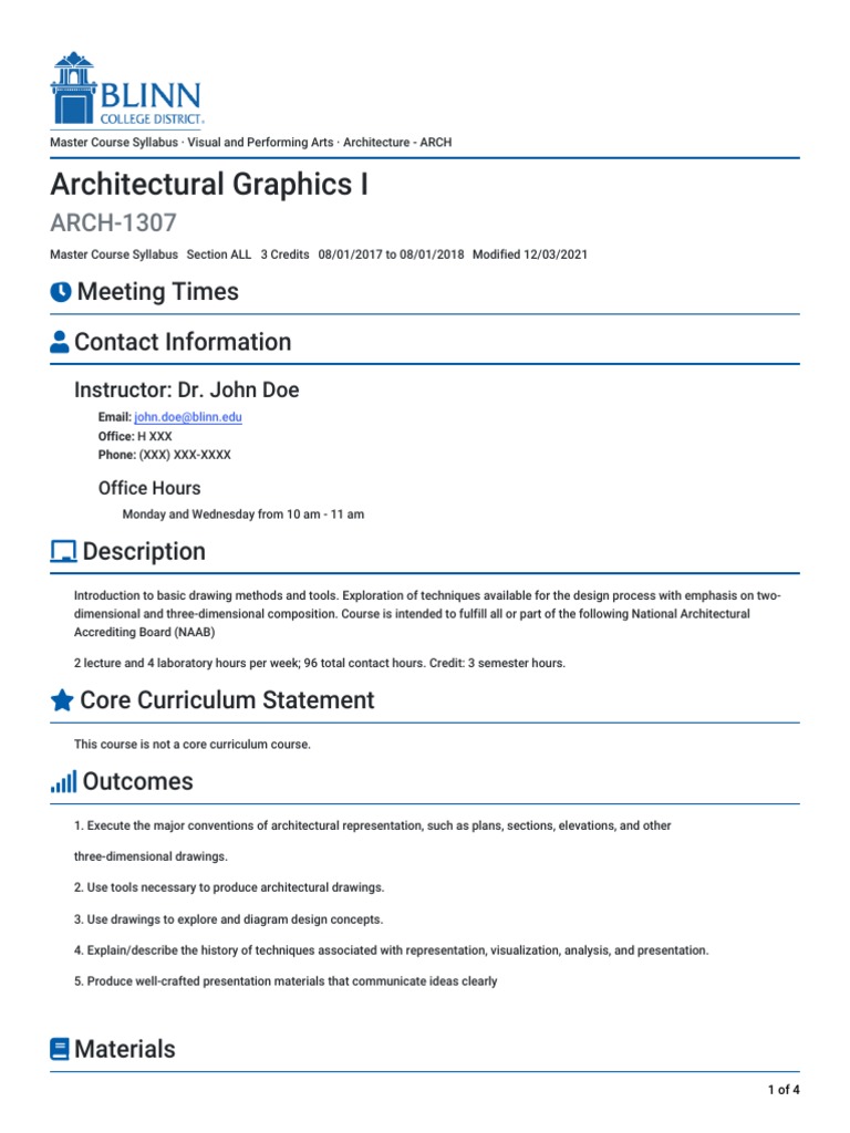 Architectural Graphics I ARCH 1307 Master Course Syllabus | PDF | Drawing