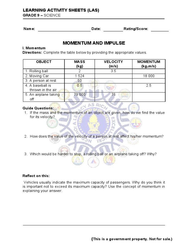 Momentum and Impulse: Learning Activity Sheets (Las) | PDF | Collision ...