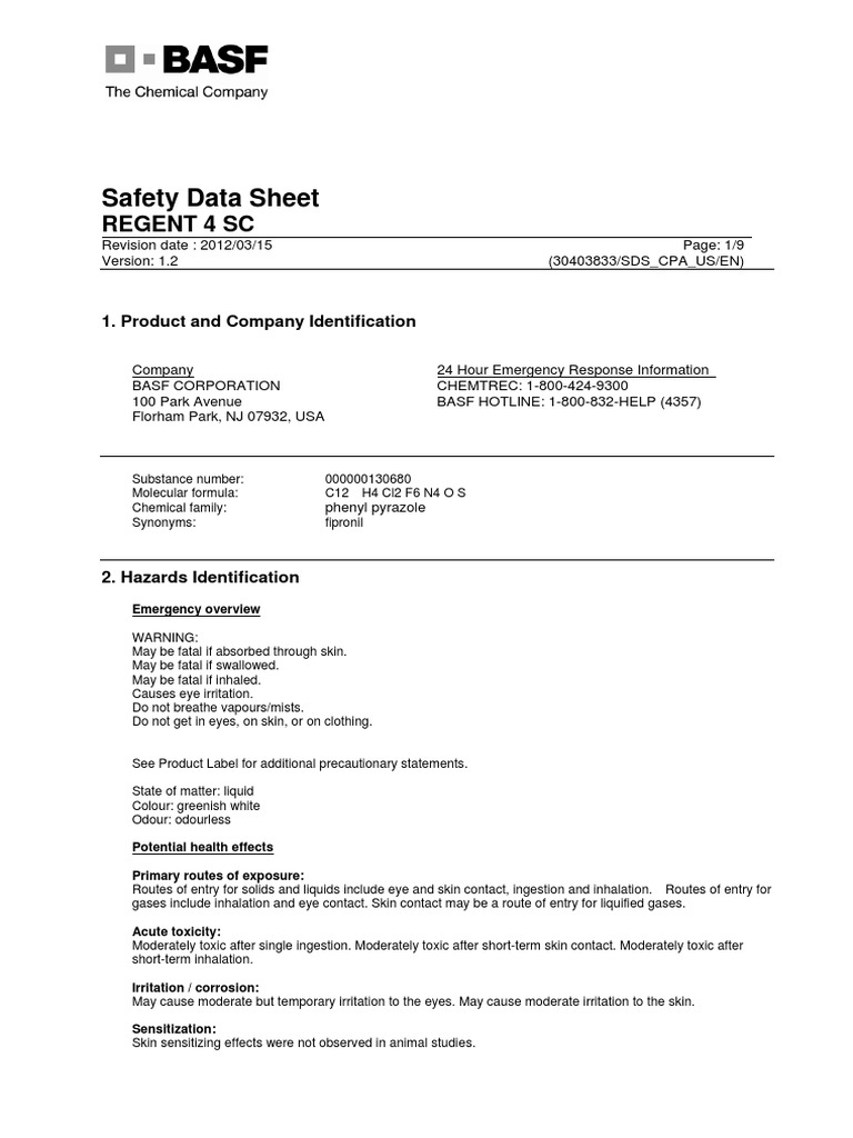 Regent Insecticide Msds | PDF | Personal Protective Equipment | Toxicity