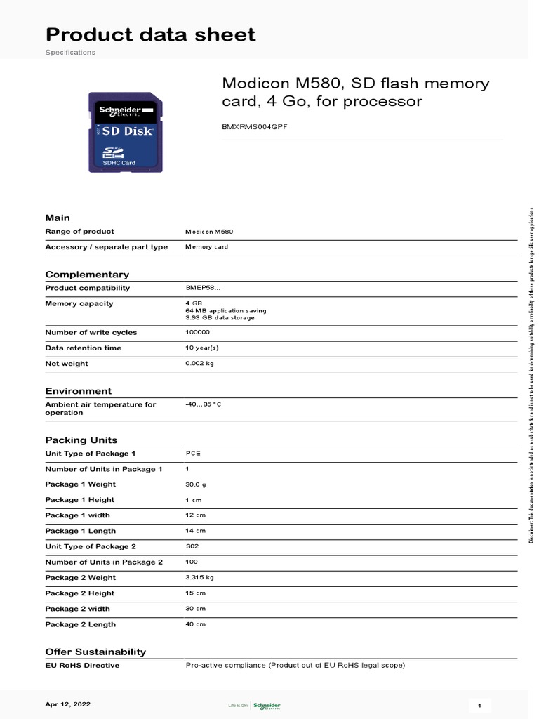 Modicon M580 4GB Memory Card Specs | PDF | Chemistry