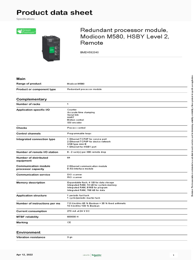 Product Data Sheet: Redundant Processor Module, Modicon M580, HSBY ...