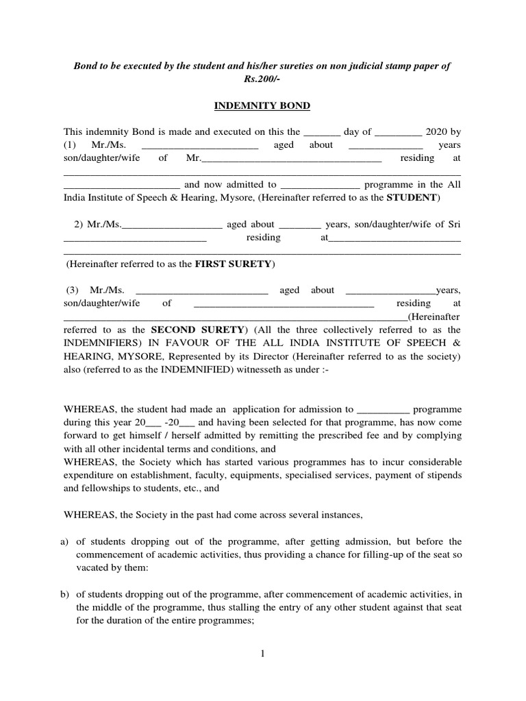 Indemnity Bond To Be Executed by The Student | PDF | Contract Law ...