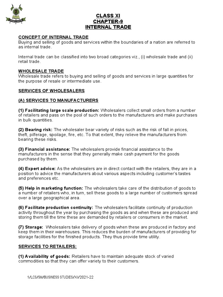 Class Xi SM BST CH-9 Internal Trade | PDF | Retail | Sales