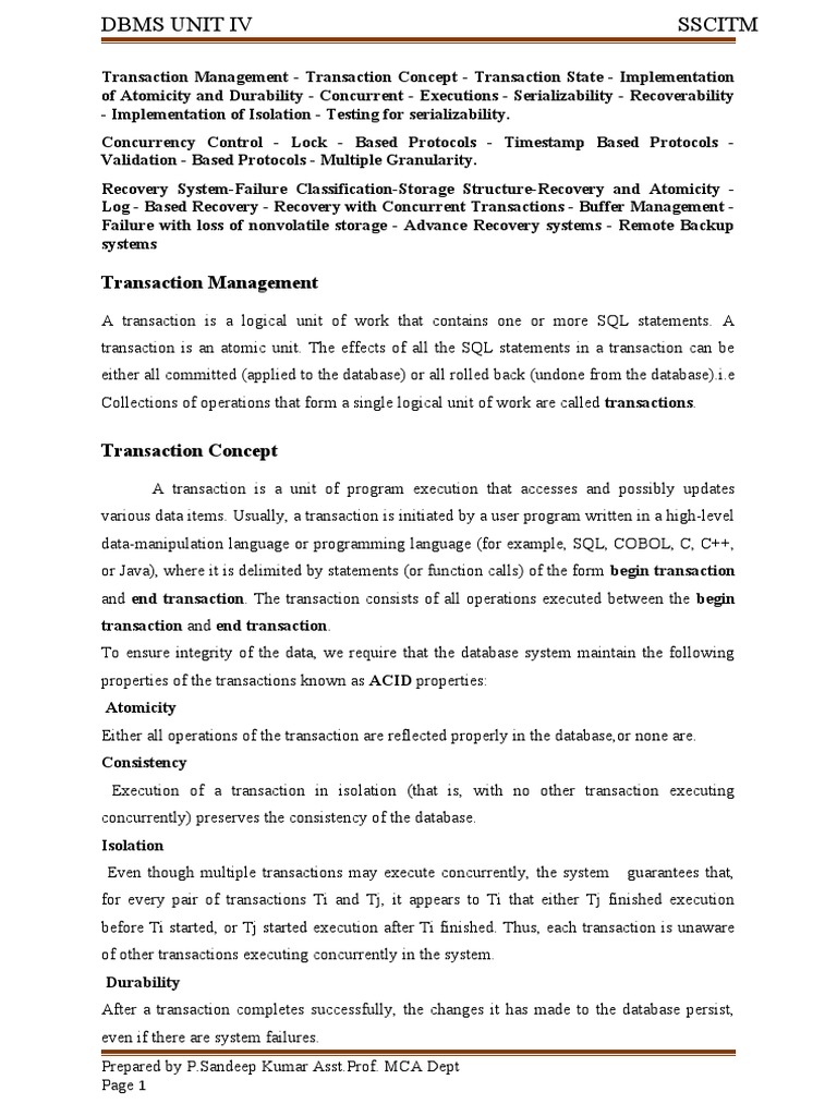 Dbms Unit IV | PDF | Database Transaction | Computer Data Storage