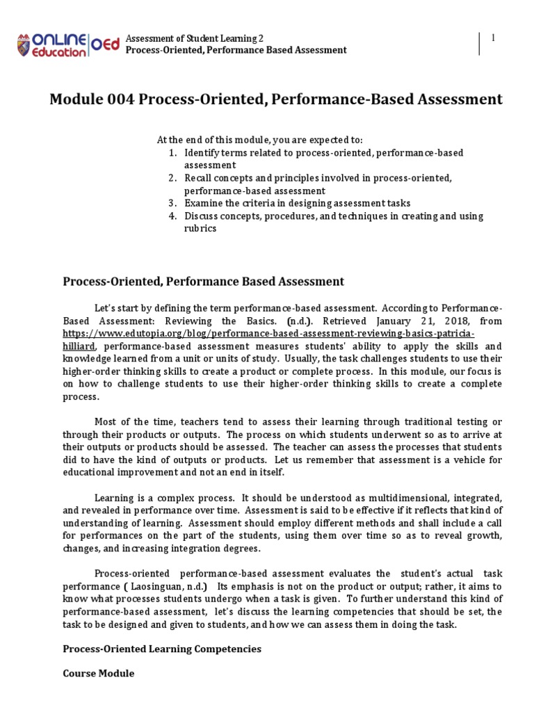 Process-Oriented, Performance Based Assessment | PDF | Educational Assessment | Rubric (Academic)