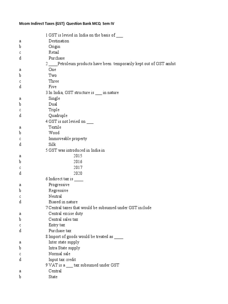 Final MCQ GST Question BAnk Mumbai Univ | PDF | Value Added Tax | Taxes