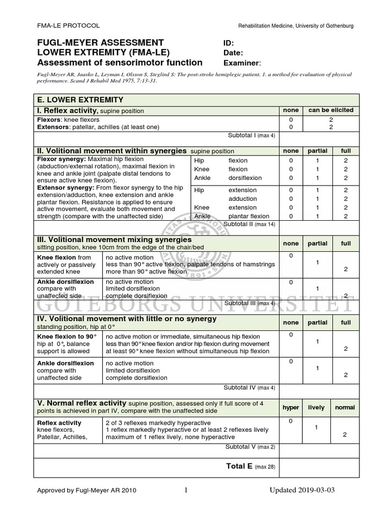 Fugl-Meyer Assessment Lower Extremity (Fma-Le) Assessment of Sensorimotor Function | PDF ...