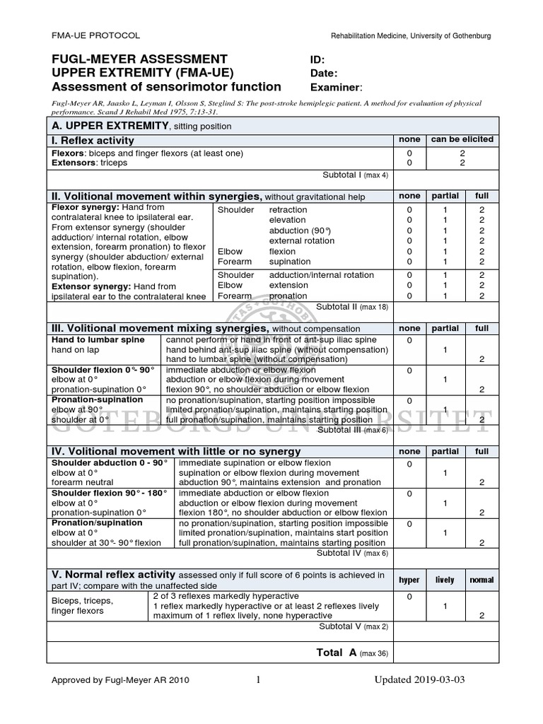 Fugl-Meyer Assessment Upper Extremity (Fma-Ue) Assessment of Sensorimotor Function | PDF ...