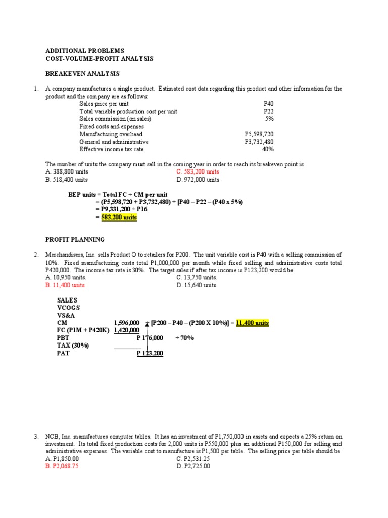ADDITIONAL PROBLEMS-CVP Analysis | PDF | Financial Accounting | Market (Economics)