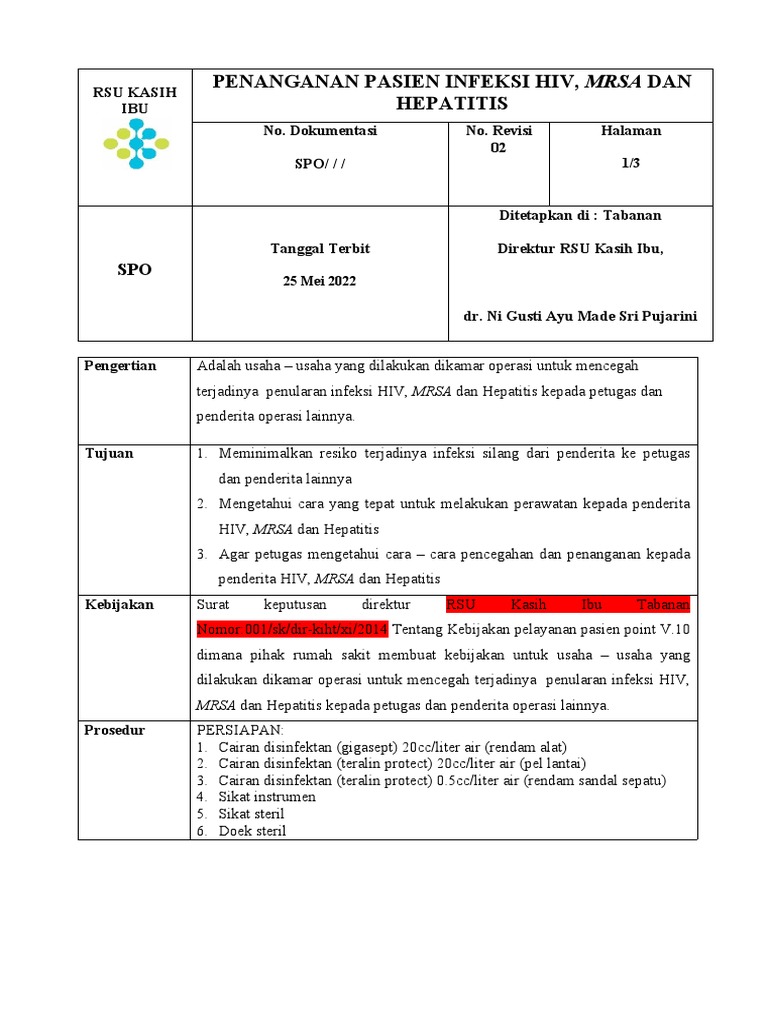 Spo Penanganan Pasien Infeksius Di Kamar Operasi | PDF