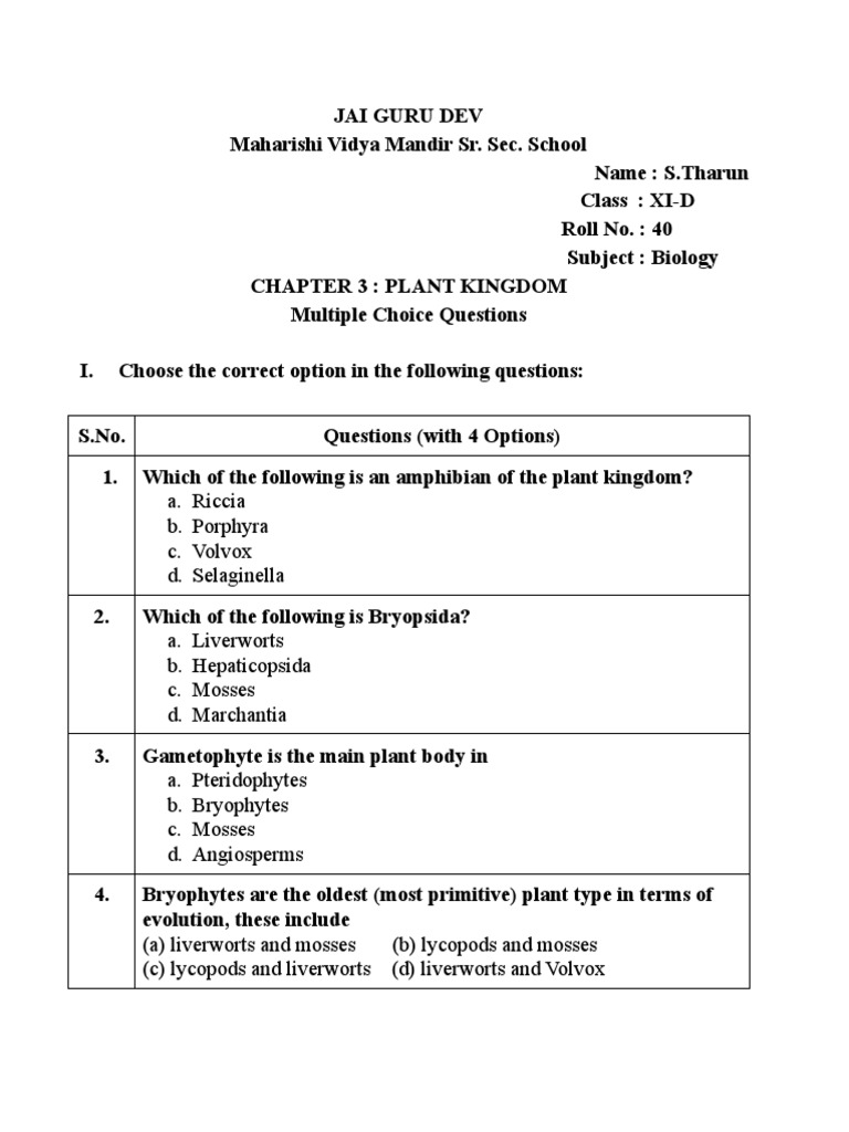 Bio MCQs | PDF | Moss | Biological Processes