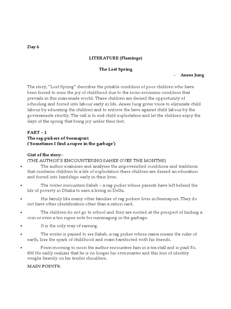 Day 6 LITERATURE (Flamingo) The Lost Spring - Anees Jung | PDF