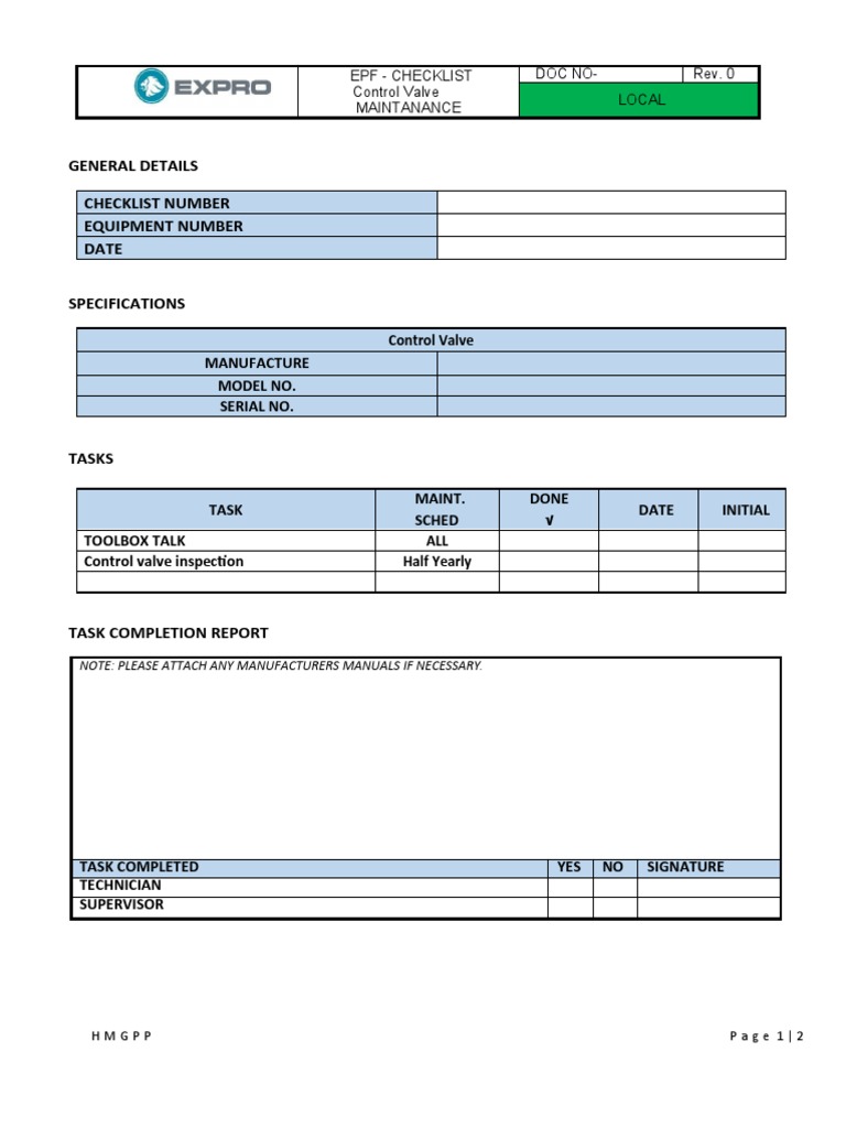 General Details Checklist Number Equipment Number Date Specifications ...