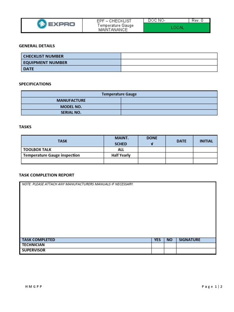 Temperature Gauge Checklist | PDF | Manufactured Goods | Equipment