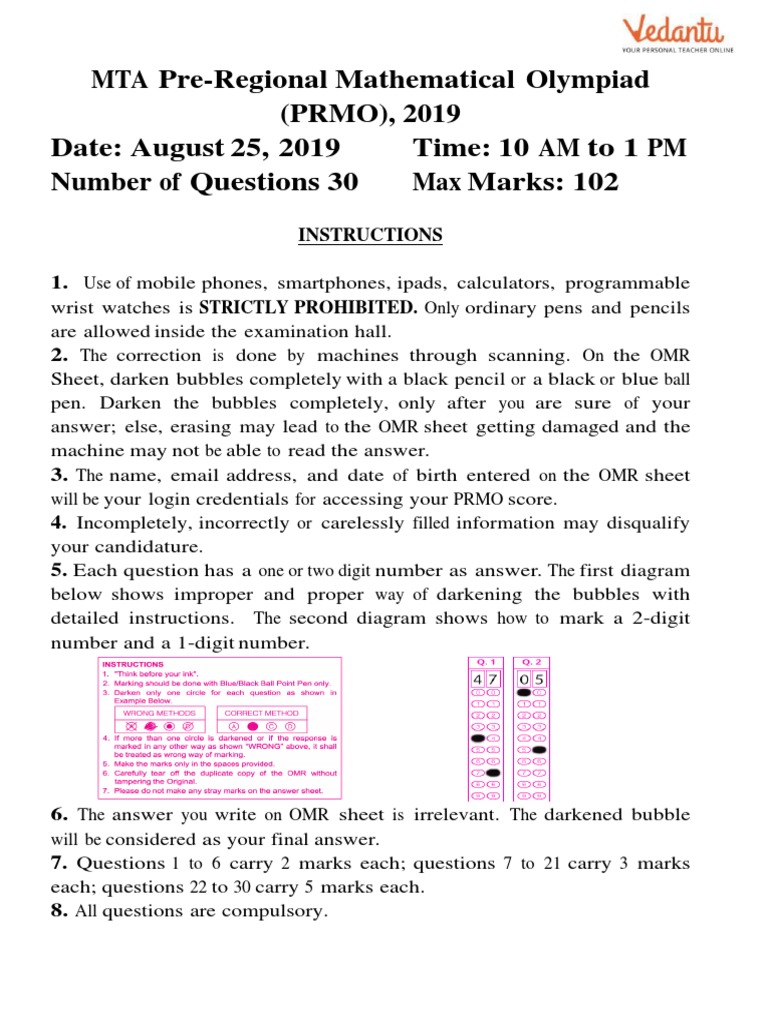 Pre RMO Previous Year Question Paper 2019 (25th Aug) | PDF | Triangle ...