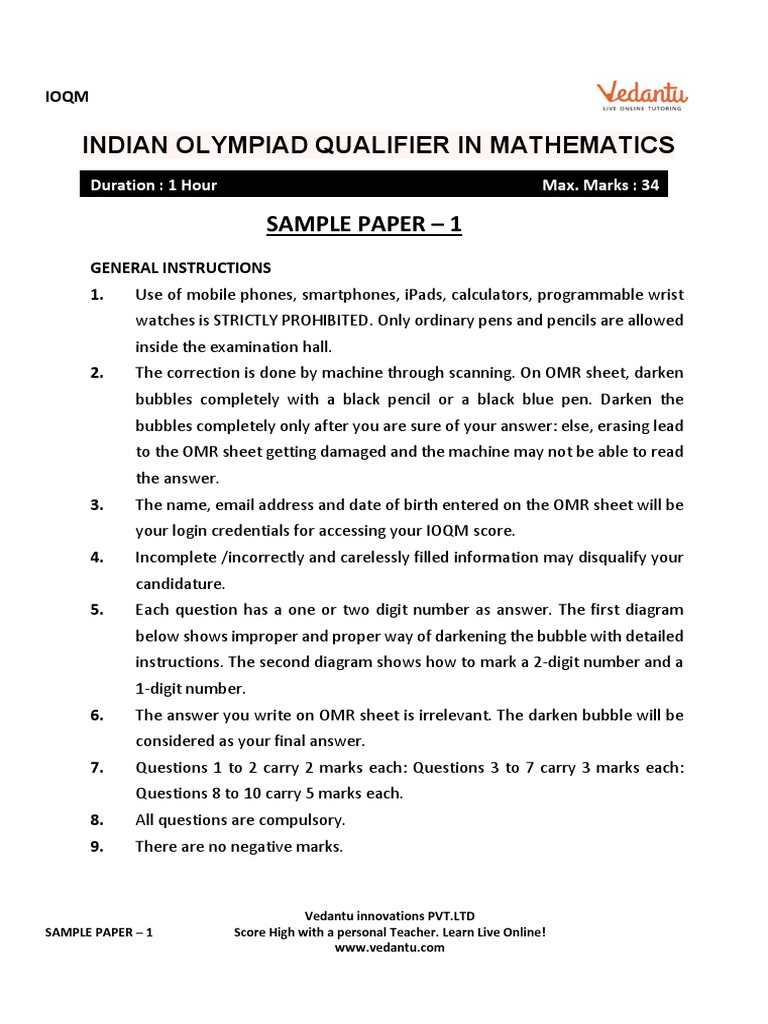 Indian Olympiad Qualifier in Mathematics Sample Paper - 1: Duration: 1 ...