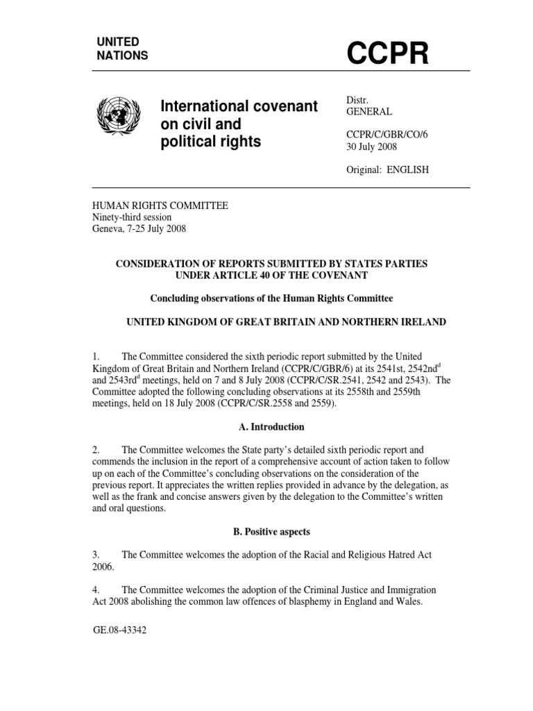 Consideration of Reports Submitted by The UK Under Article 40 of The Covenant (CCPR/C/GBR/CO/6 ...