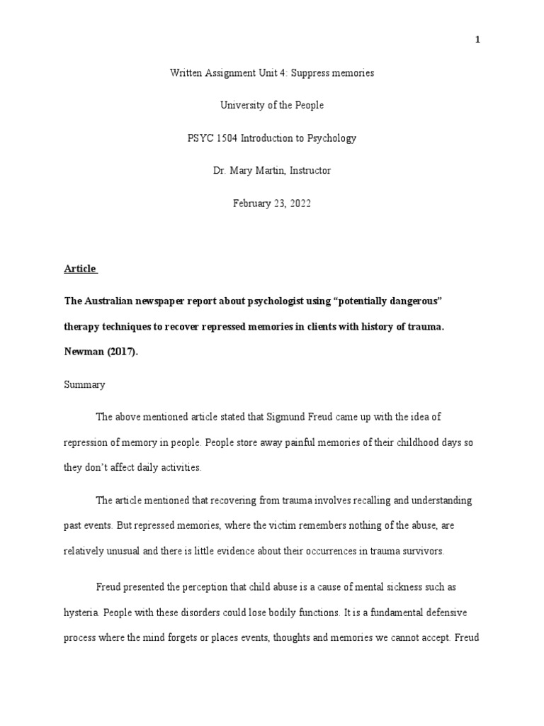 PSYC 1504 Written Assignment Unit 4 | PDF | Psychological Trauma | Memory