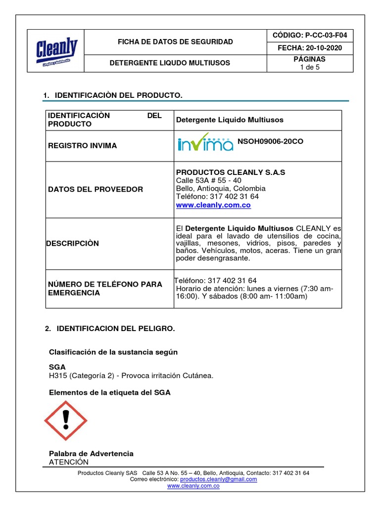 Ficha Tecnica HS Detergente Multiusos | PDF | Agua | Blanqueador