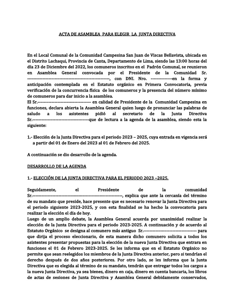 Acta de Asamblea General para Elegir La Junta Directiva | PDF | Gobierno