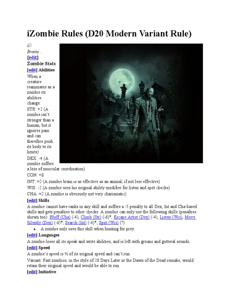 Izombie Rules (D20 Modern Variant Rule) : Zombie Stats | PDF | Zombies | Virus