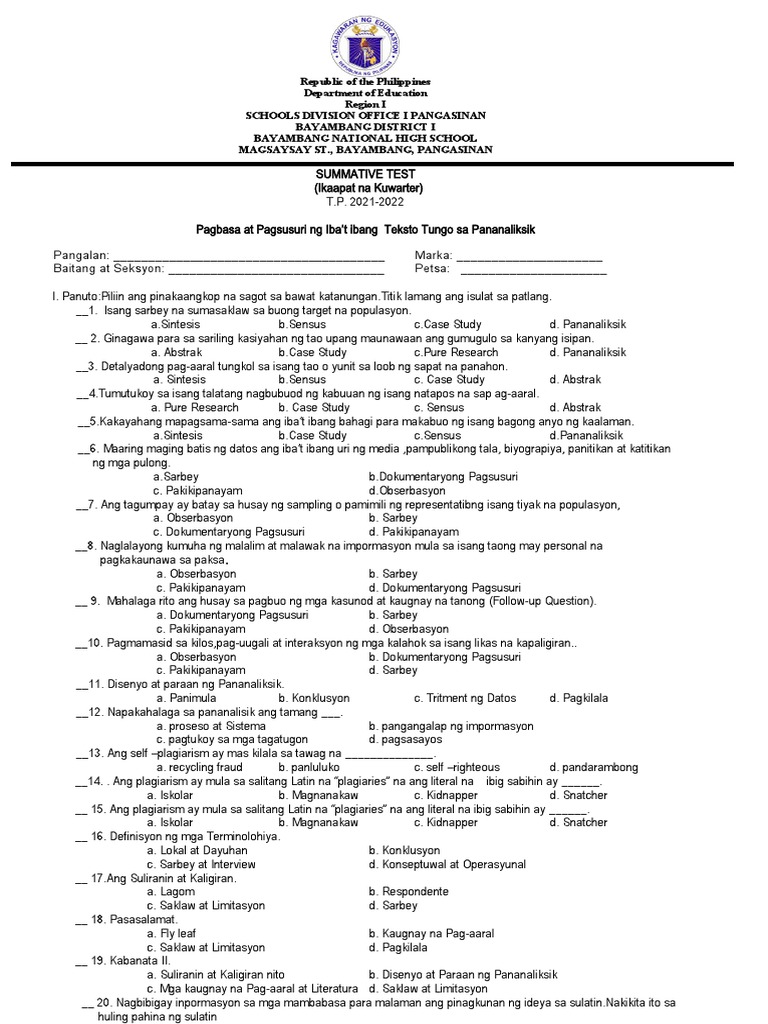 SUMMATIVE TEST 4th Quarter Pagbasa at Pagsusuri Sa Ibat Ibang Teksto ...