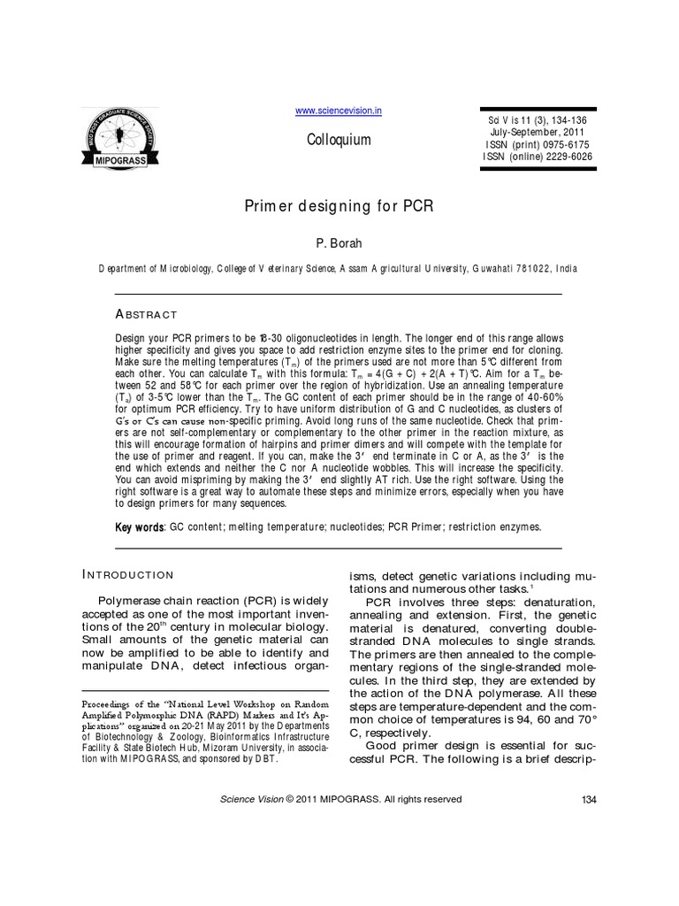 Primer Designing For PCR: Colloquium | PDF | Primer (Molecular Biology ...