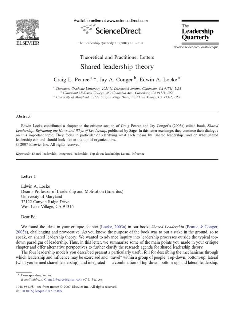 Shared Leadership Theory: Craig L. Pearce, Jay A. Conger, Edwin A ...