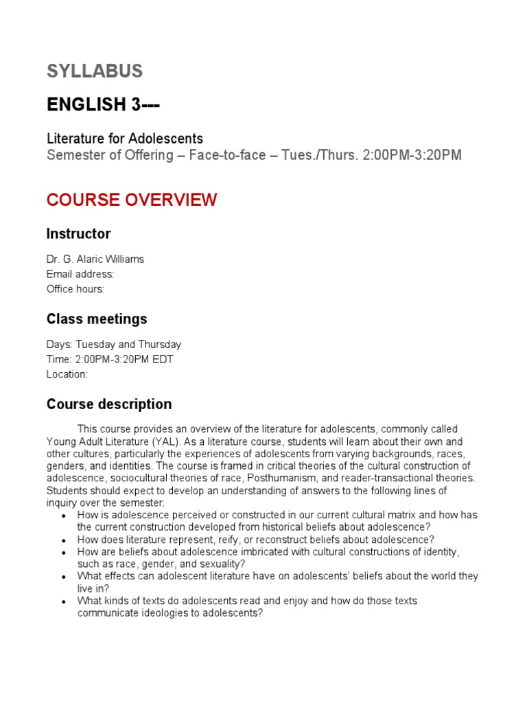 Syllabus Young Adult Literature FTF | PDF | Test (Assessment ...