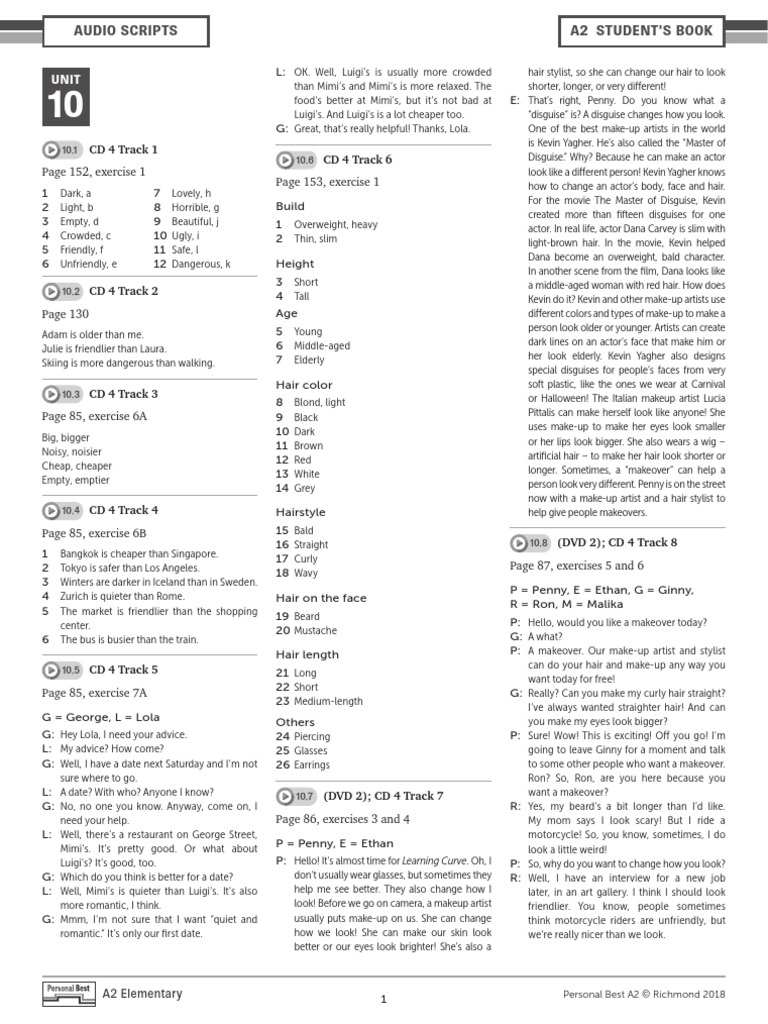 PB AmE A2 SB Audioscript U10 | PDF | Human Appearance | Integumentary System