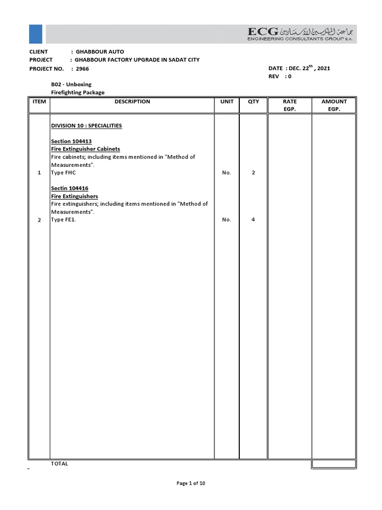 Fire Cabinets Including Items Mentioned in "Method of Measurements". 1 ...