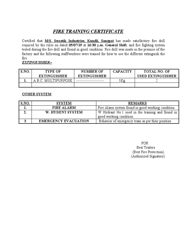 Fire Training and Evacuation Certificate | PDF | Emergency Services ...